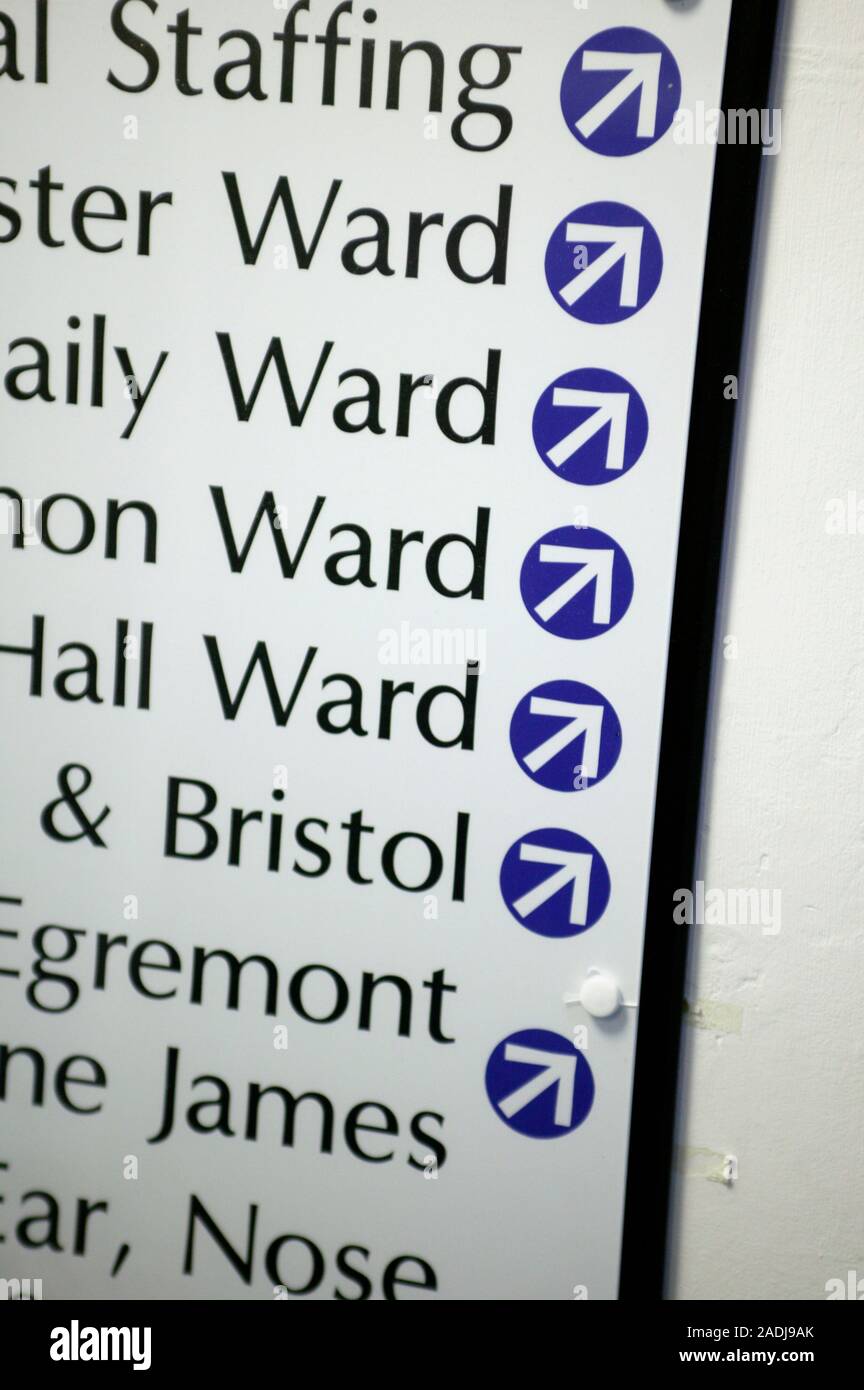 Hospital sign giving directions to different wards in a hospital Stock ...