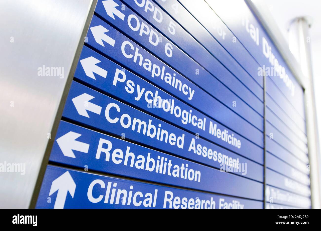 Hospital sign showing directions to several departments including the ...
