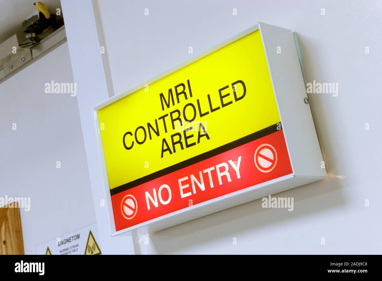 MRI warning sign. Sign outside a radiology department warning that a ...