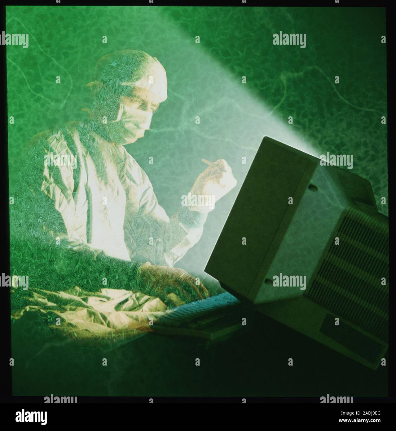 Computer in surgery. Artwork of a surgeon using a computer to perform ...