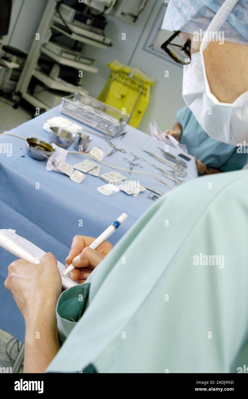 Nurse in an operating theatre. Nurse taking notes, listing material ...