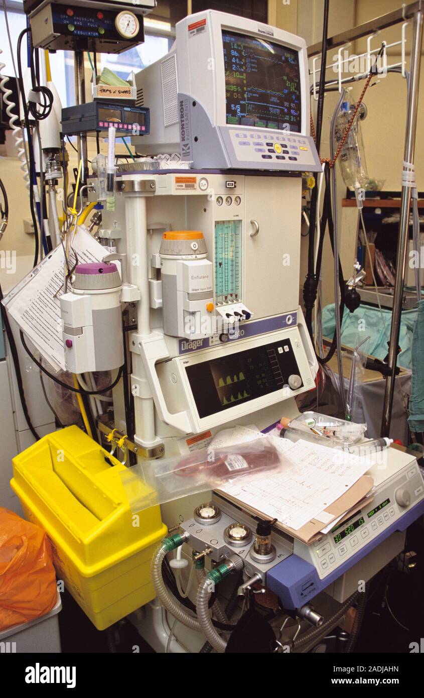 Anaesthetist's trolley, in an operating theatre, prior to open heart ...