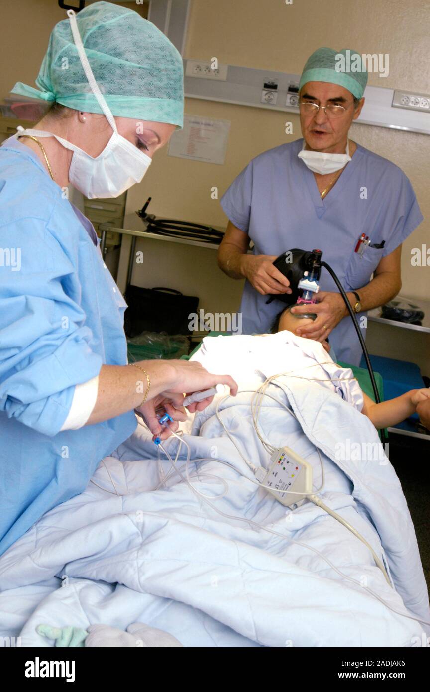 MODEL RELEASED. Anaesthesia. 7-year-old boy being administered ...