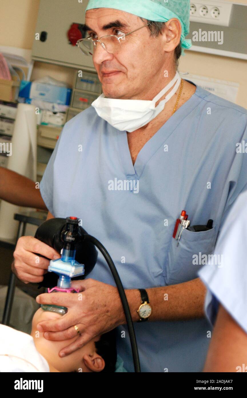 MODEL RELEASED. Anaesthesia. 7-year-old boy being administered ...