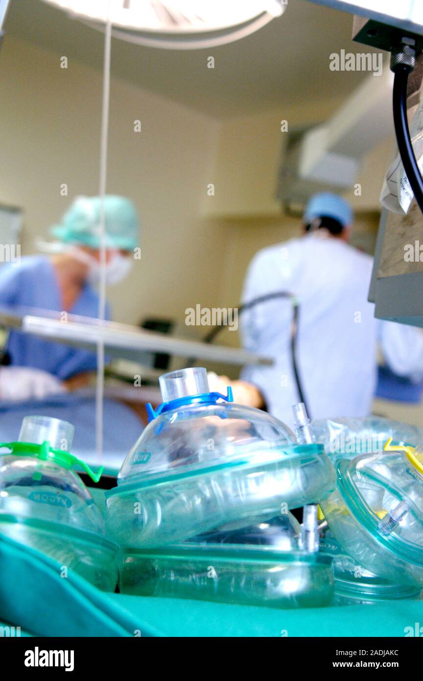 MODEL RELEASED. Anaesthetic masks. Face masks used to administer ...