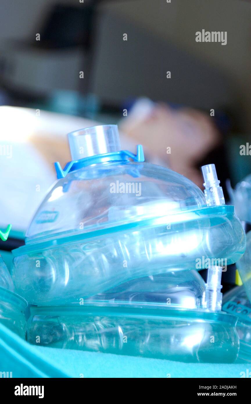 MODEL RELEASED. Anaesthetic masks. Face masks used to administer ...