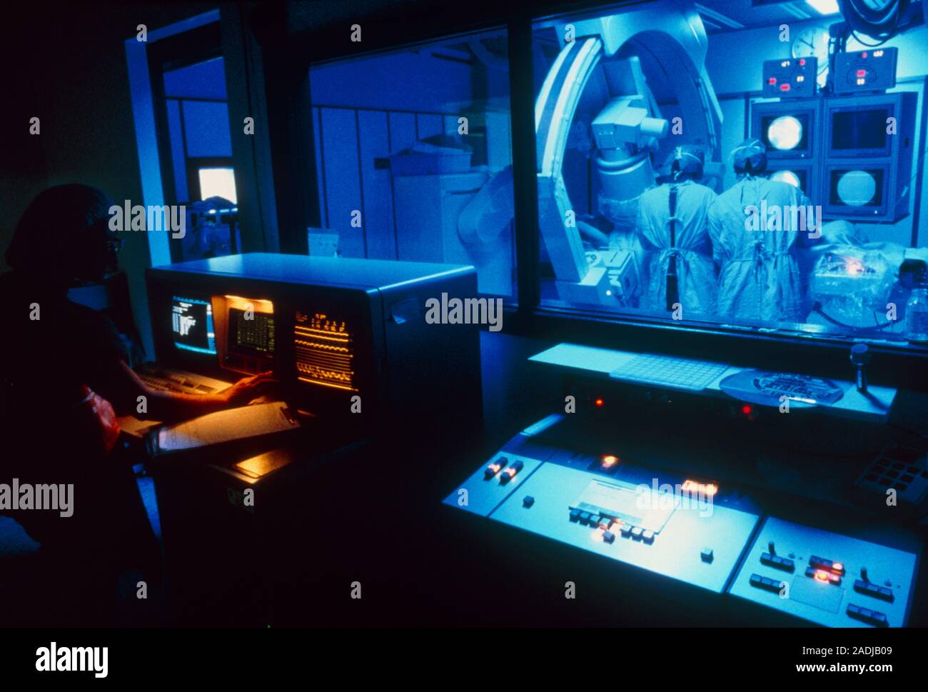 Coronary angioplasty. View from the control room of a coronary ...