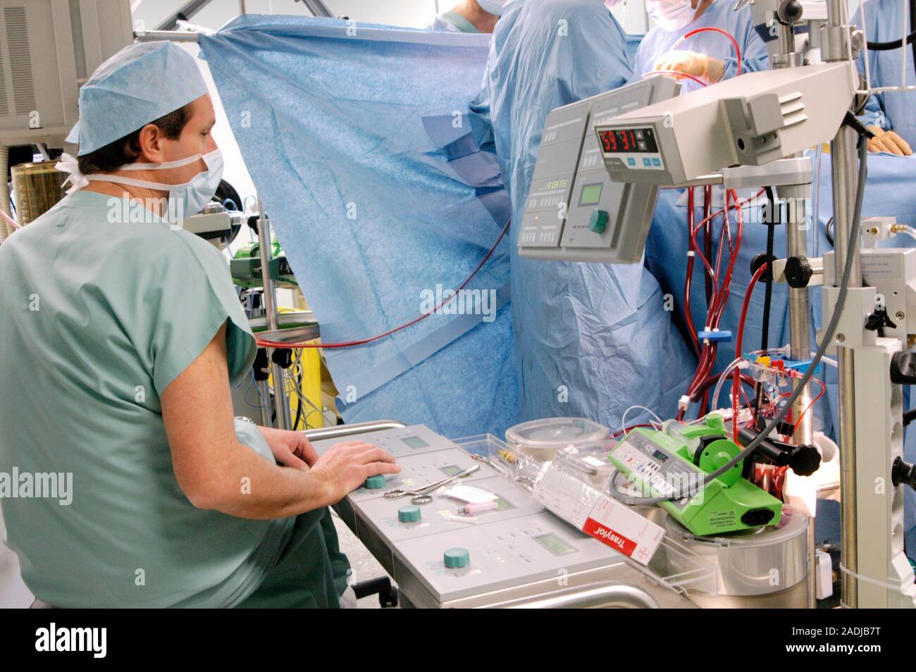 MODEL RELEASED. Heart-lung machine. Perfusionist monitoring a heart ...