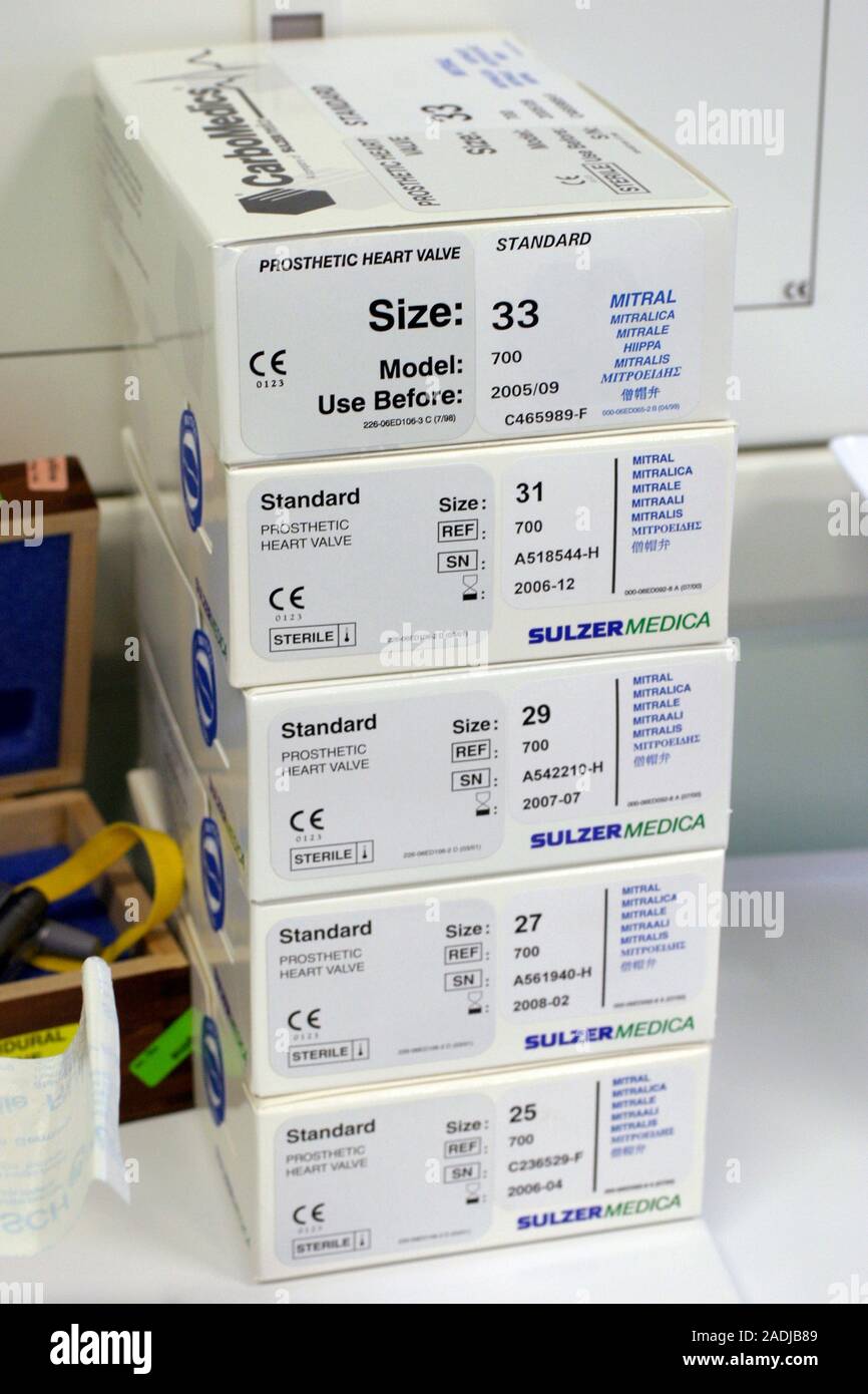 Prosthetic heart valves. Boxes of different sized prosthetic ...