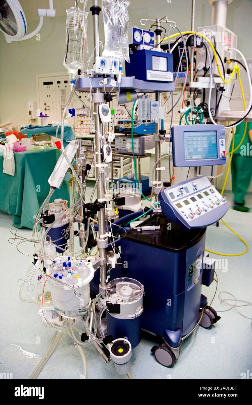 MODEL RELEASED. Heart-lung machine being prepared for cardiac surgery ...