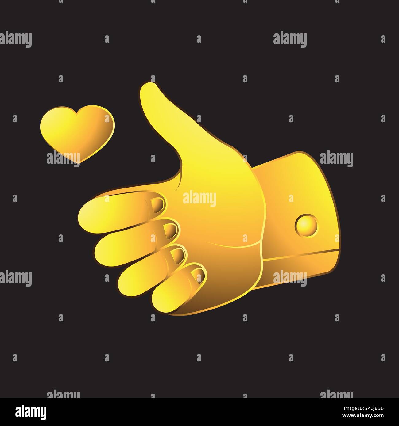 Golden thumb up finger and heart on black isolated background. Vector ...