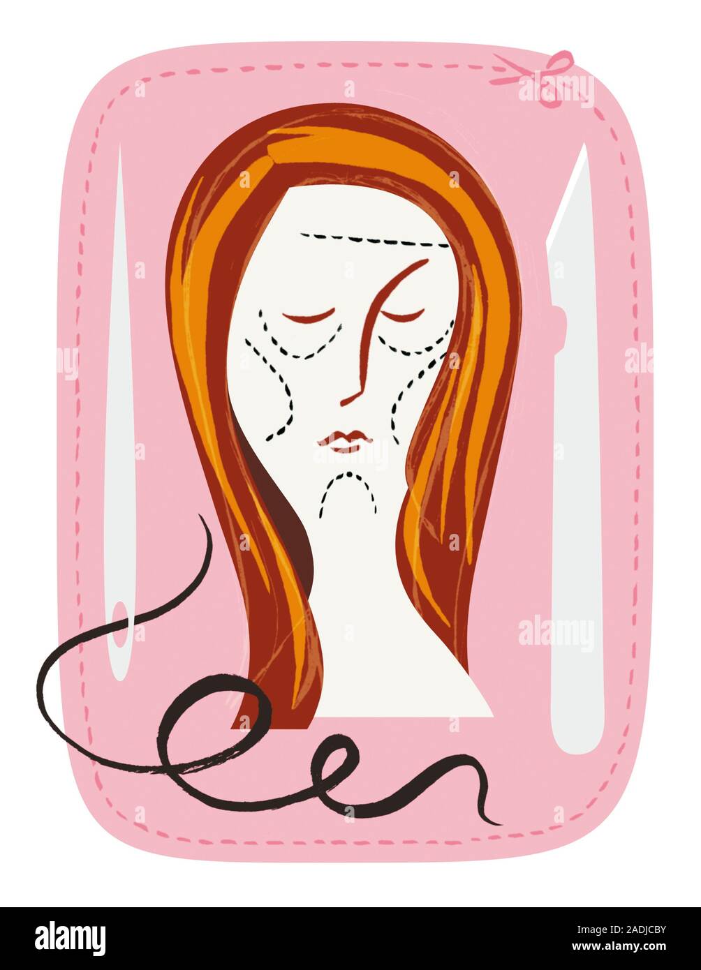Cosmetic surgery, conceptual artwork. The dotted lines on the woman's ...