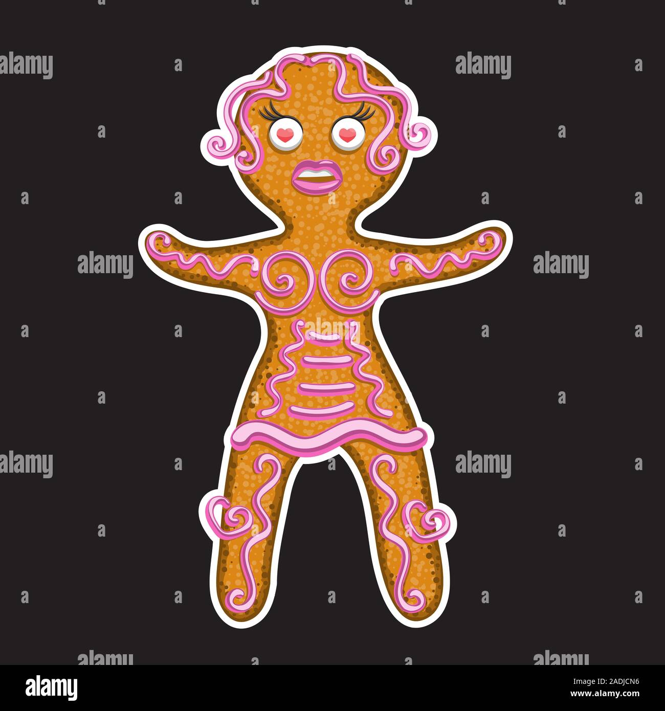Christmas gingerbread woman on black isolated background. Sticker ...