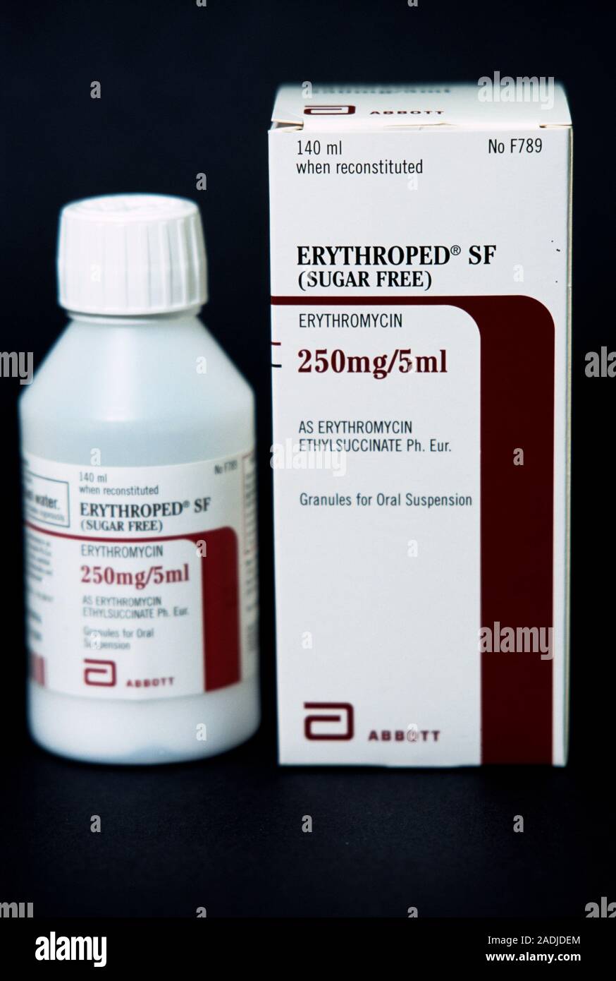 Antibiotic powder. Bottle of Erythroped antibiotic powder for adding to ...