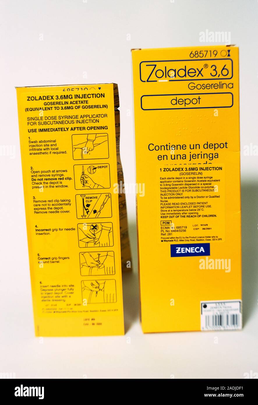 Prostate cancer drug. Boxes of Zoladex used for treating prostate ...