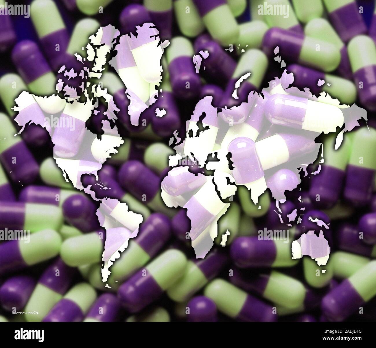 Global drug use. Composite image of drug capsules and a world map Stock ...