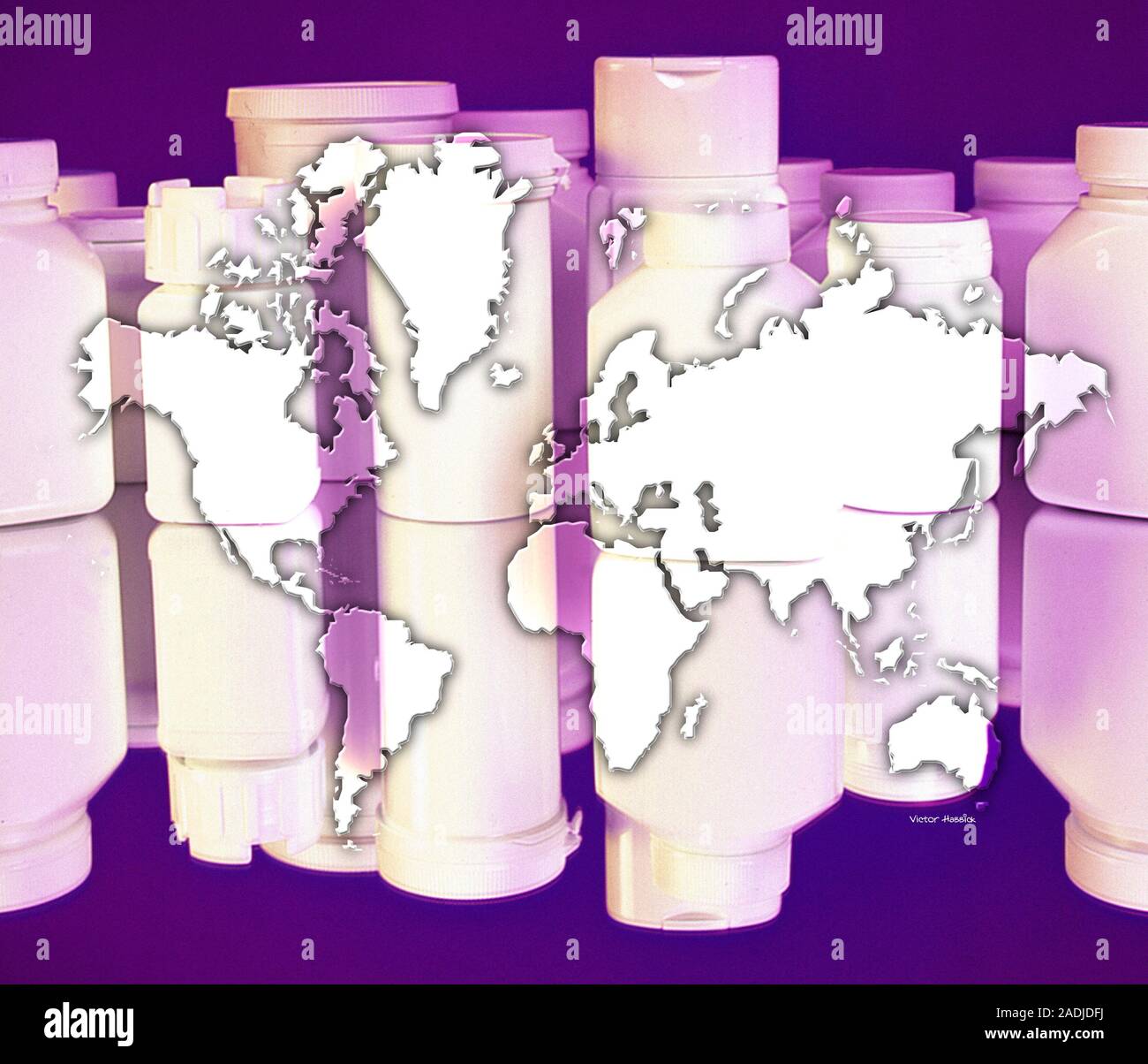 Global drug use. Composite image of a world map and a set of drug ...