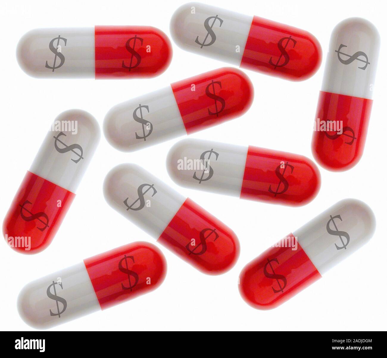 Drug capsules. Conceptual computer artwork of American dollar symbols ...