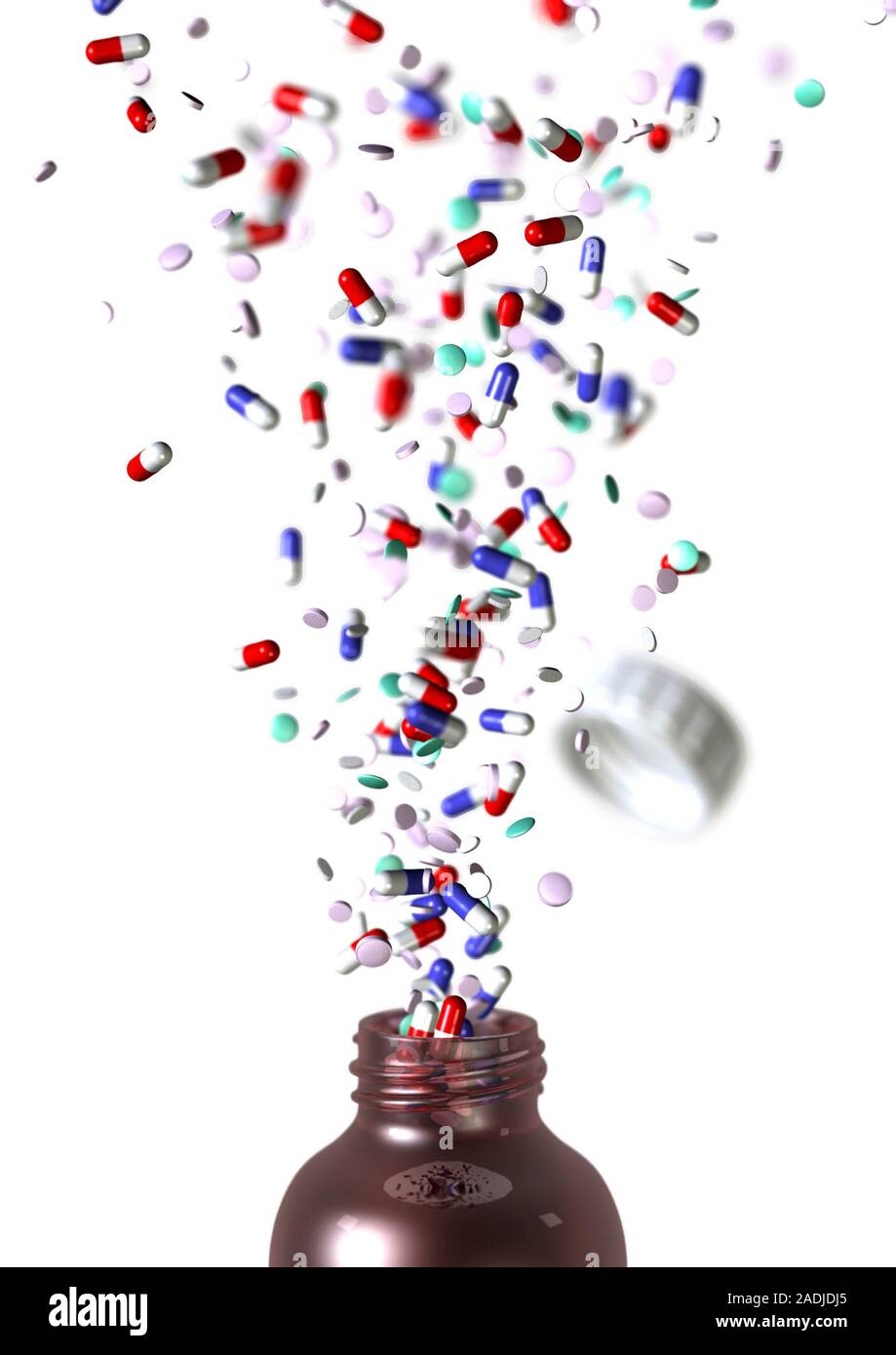 Medicines. Computer artwork of drug capsules, pills and tablets ...
