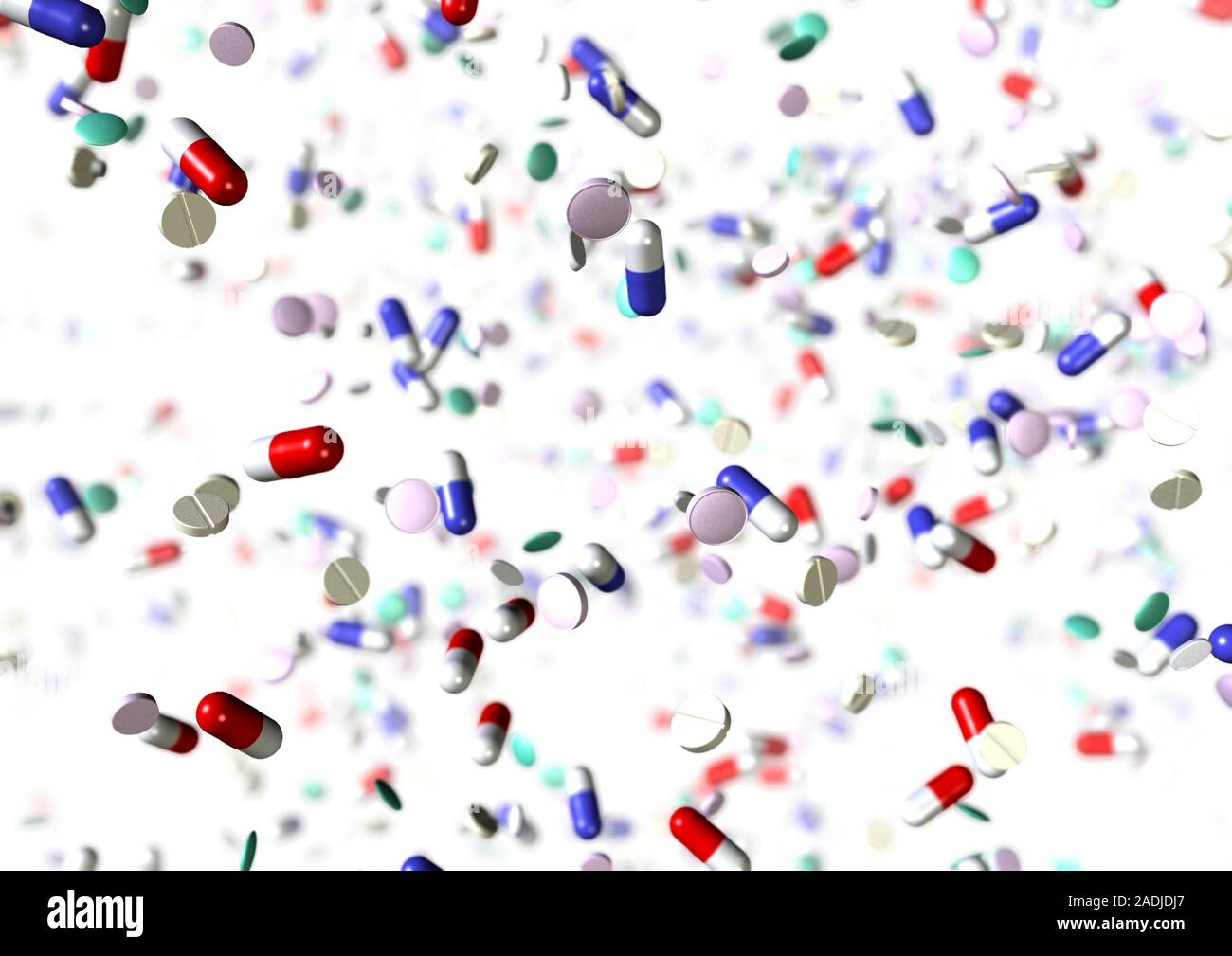 Medicines. Computer artwork of drug capsules, pills and tablets Stock ...