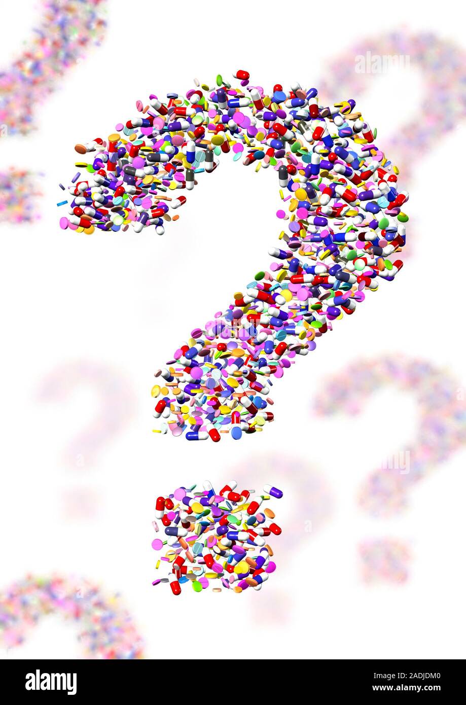Medication uncertainty, conceptual computer artwork. The question mark ...