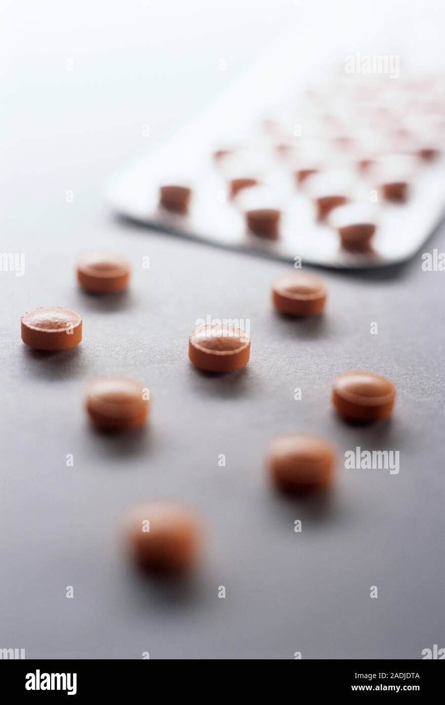 Calcium-channel blocker tablets. Blister pack of Nifelat, a calcium ...