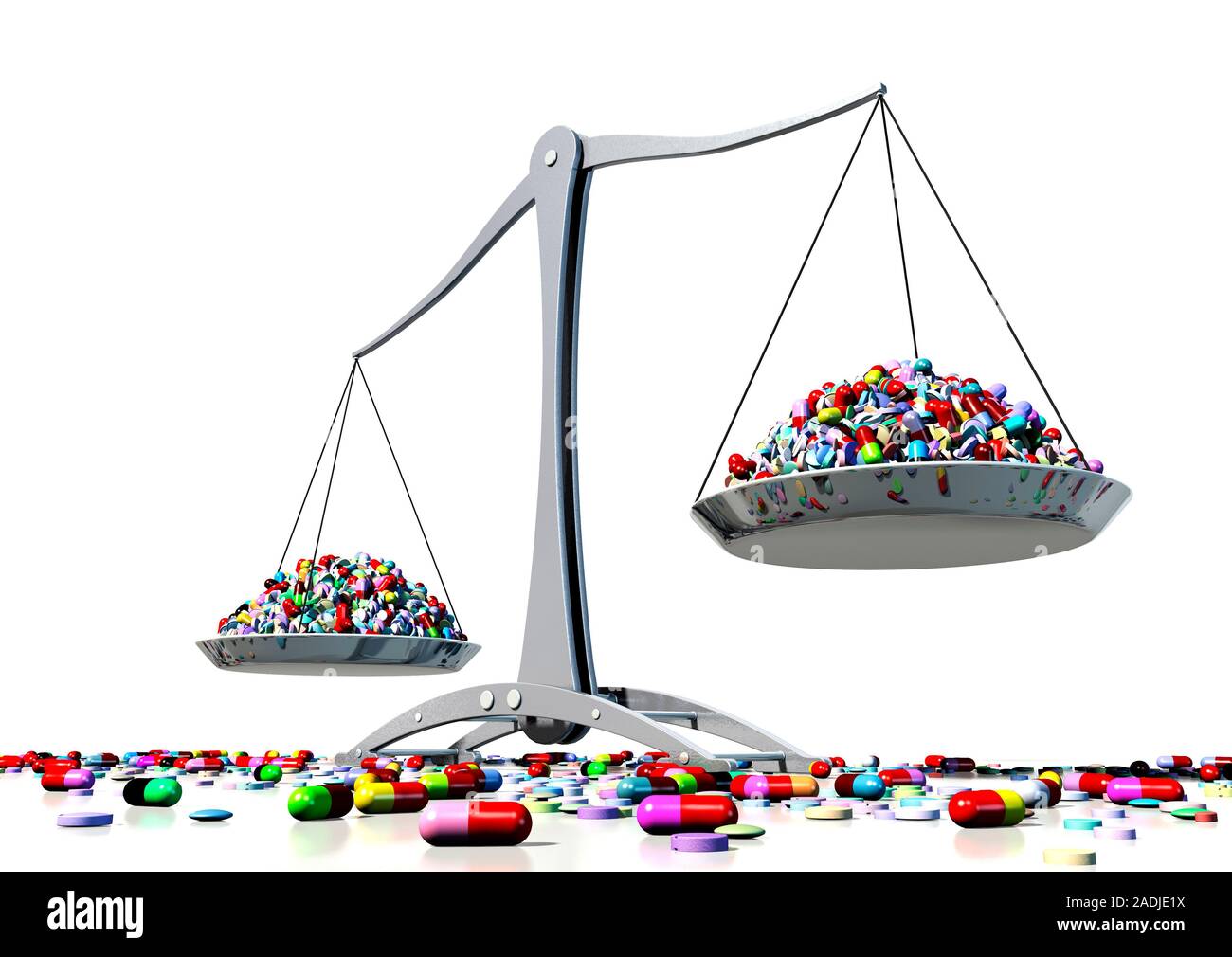 Overprescription of drugs. Conceptual computer artwork of piles of ...