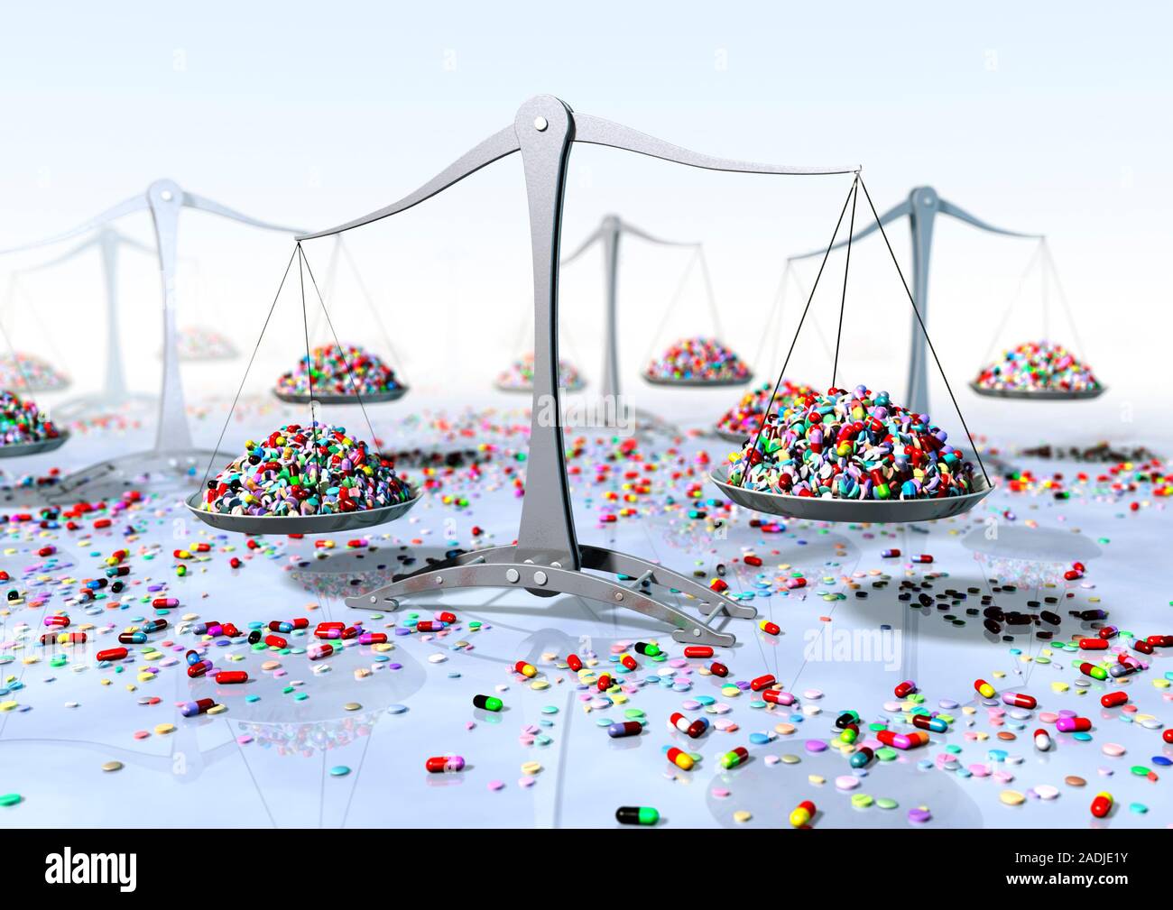 Overprescription of drugs. Conceptual computer artwork of piles of ...
