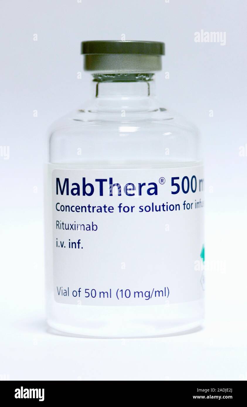 Rituximab cancer drug. Bottle containing a liquid concentrate of the ...