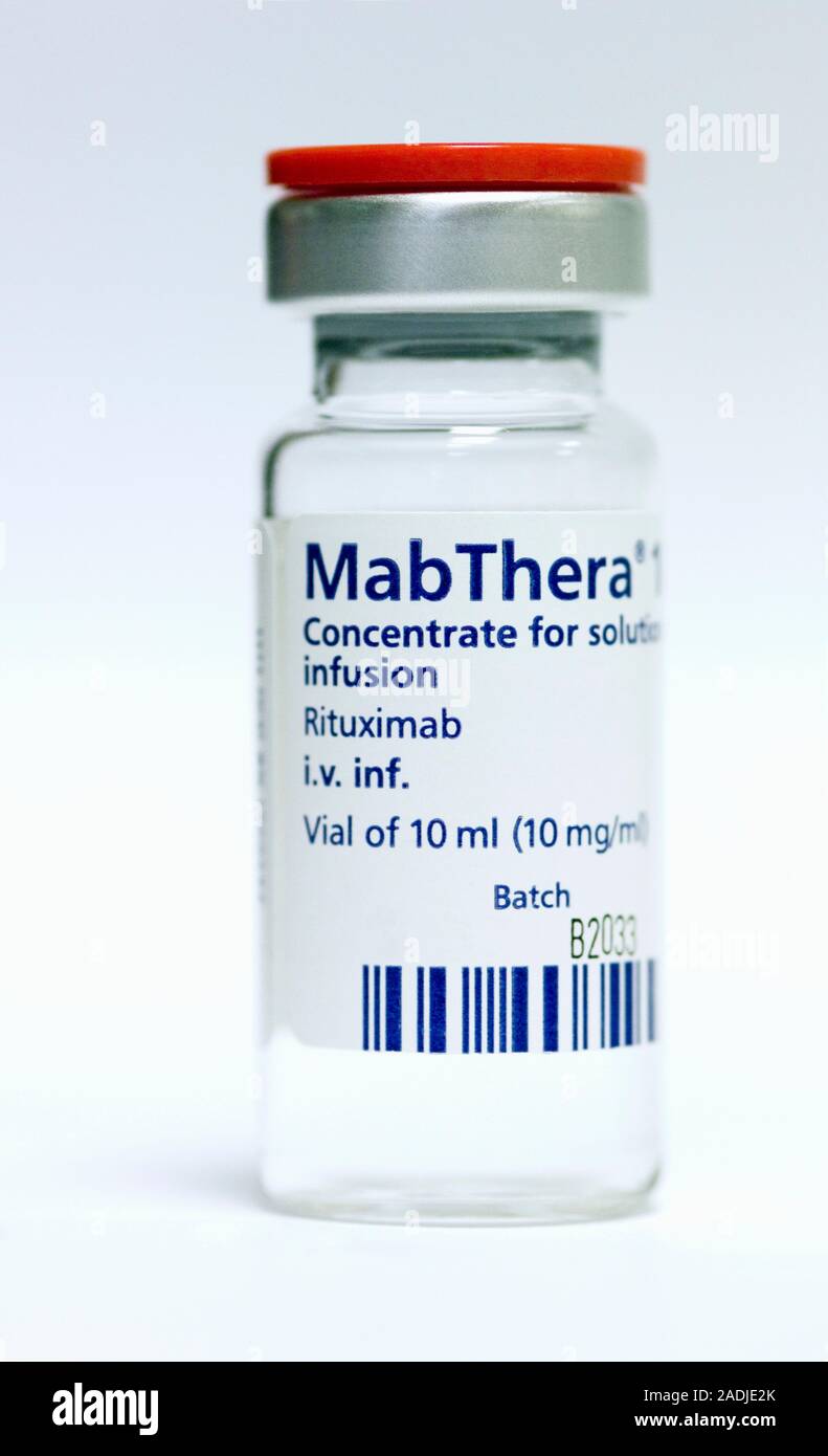 Rituximab cancer drug. Bottle containing a liquid concentrate of the ...