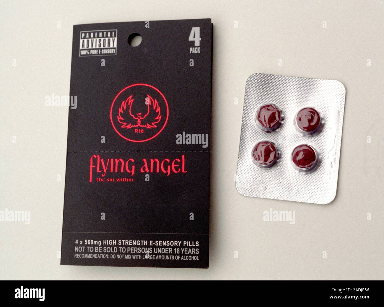 'Flying angel' pills with parental advisory warning sign. These pills ...