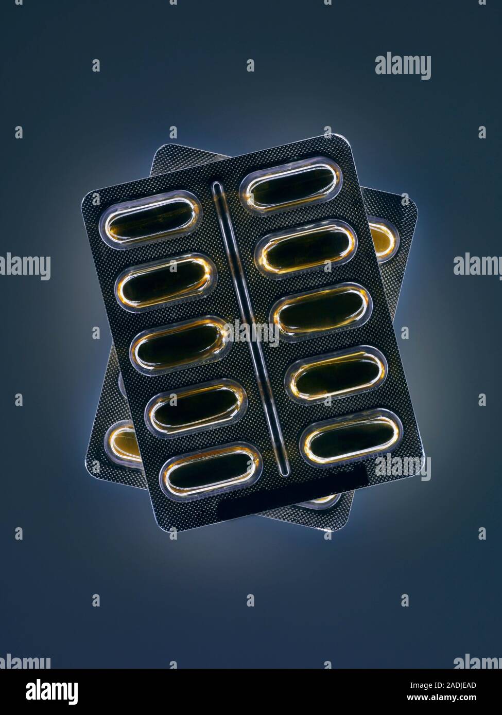 Blisterpack of pills containing medical drugs. Pills are used to ...