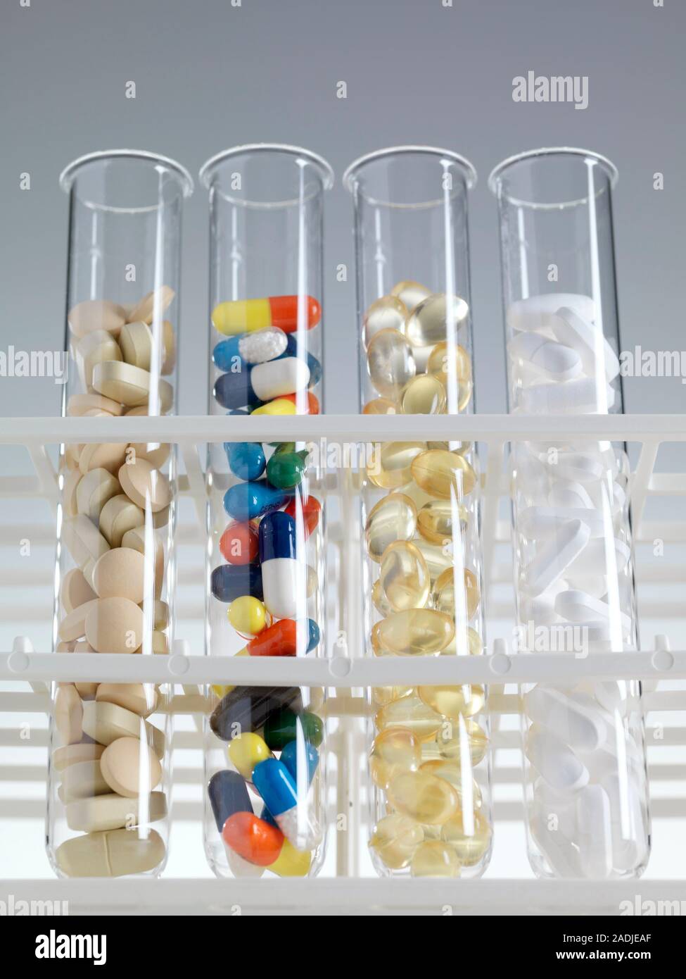 Pharmaceutical research. Test tubes containing a variety of different ...