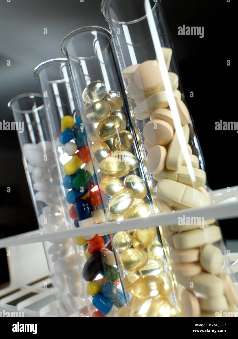 Pharmaceutical research. Test tubes containing a variety of different ...