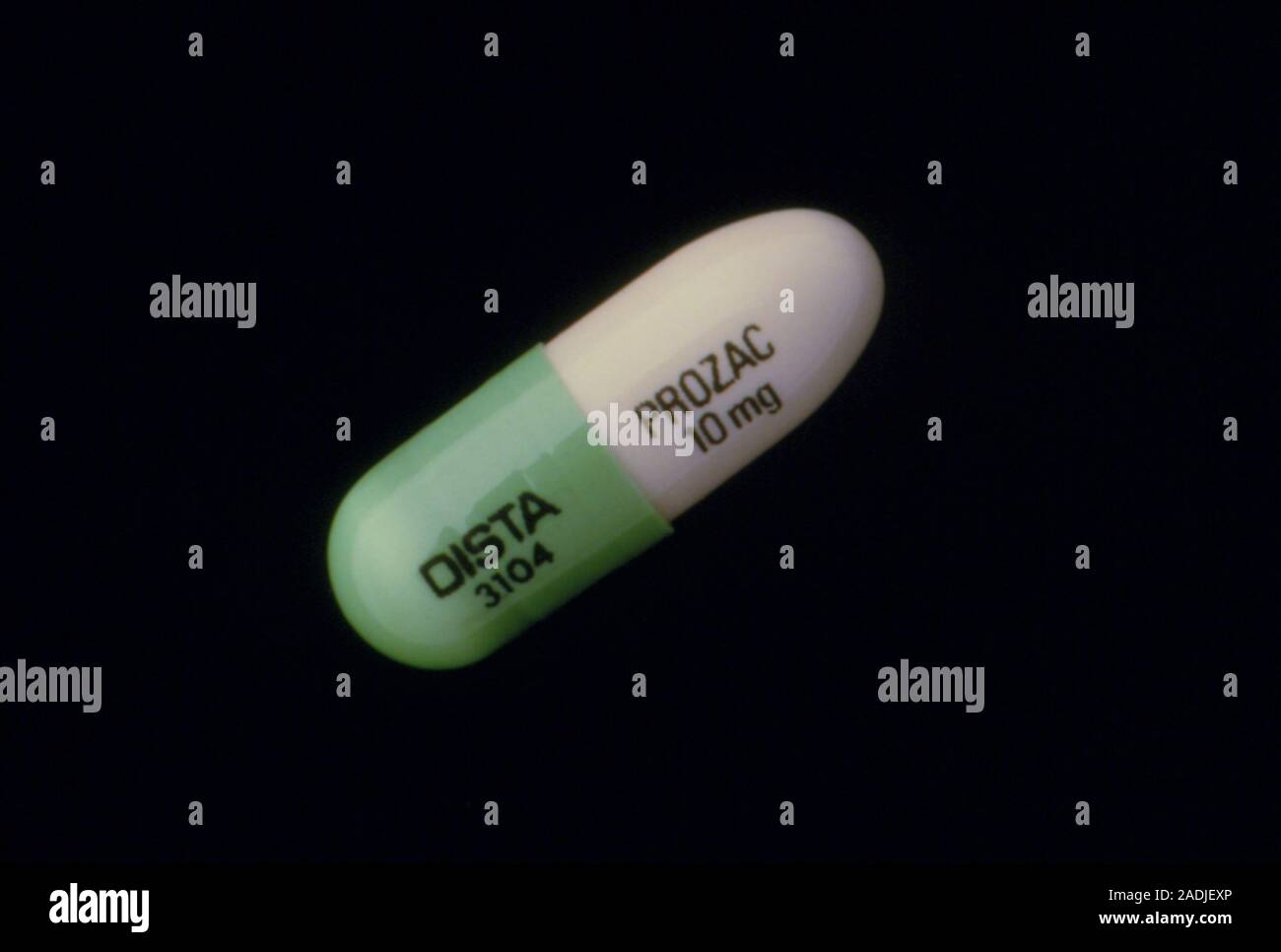 Prozac capsule. View of a single capsule containing 10 milligrams of ...