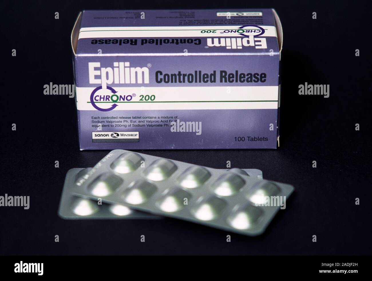 Epilepsy pills. Box and blister pack of Epilim, a treatment for ...