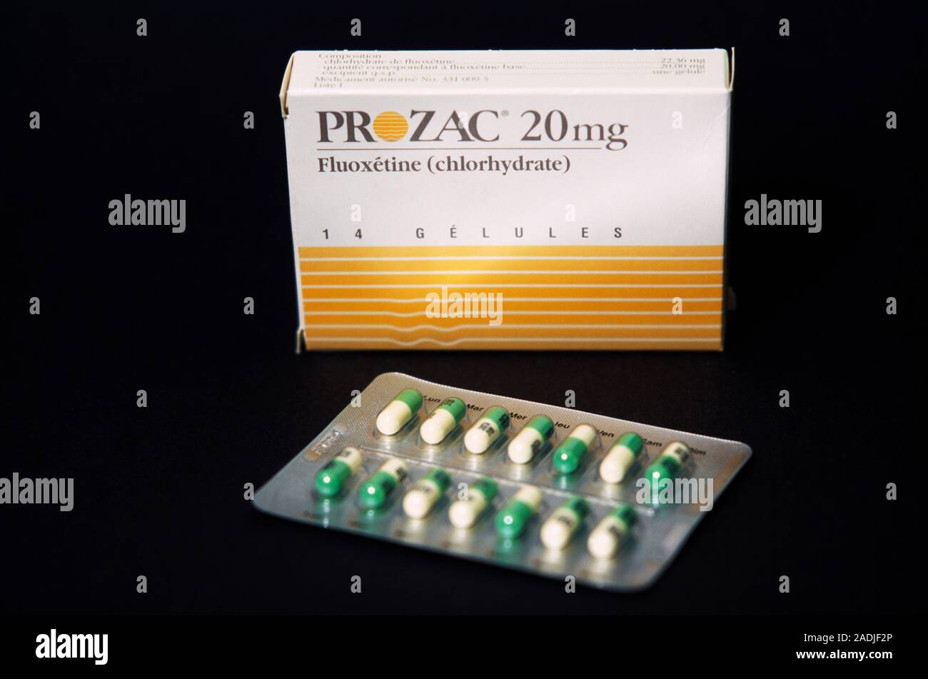 Antidepressant capsules. Box and blister pack of Prozac capsules. Each capsule contains 20 ...