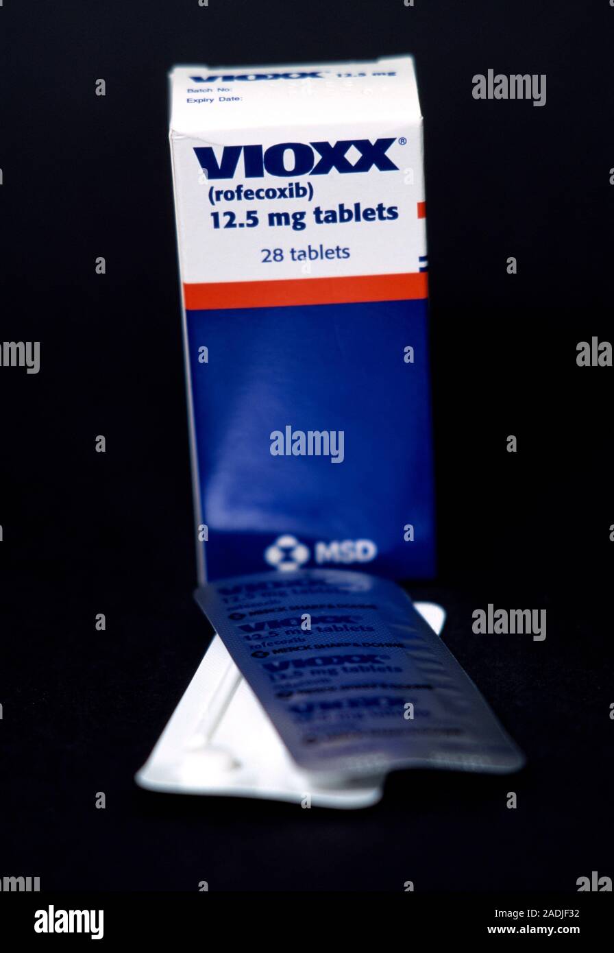 Vioxx painkiller drug. Box and blister packs of Vioxx painkiller ...