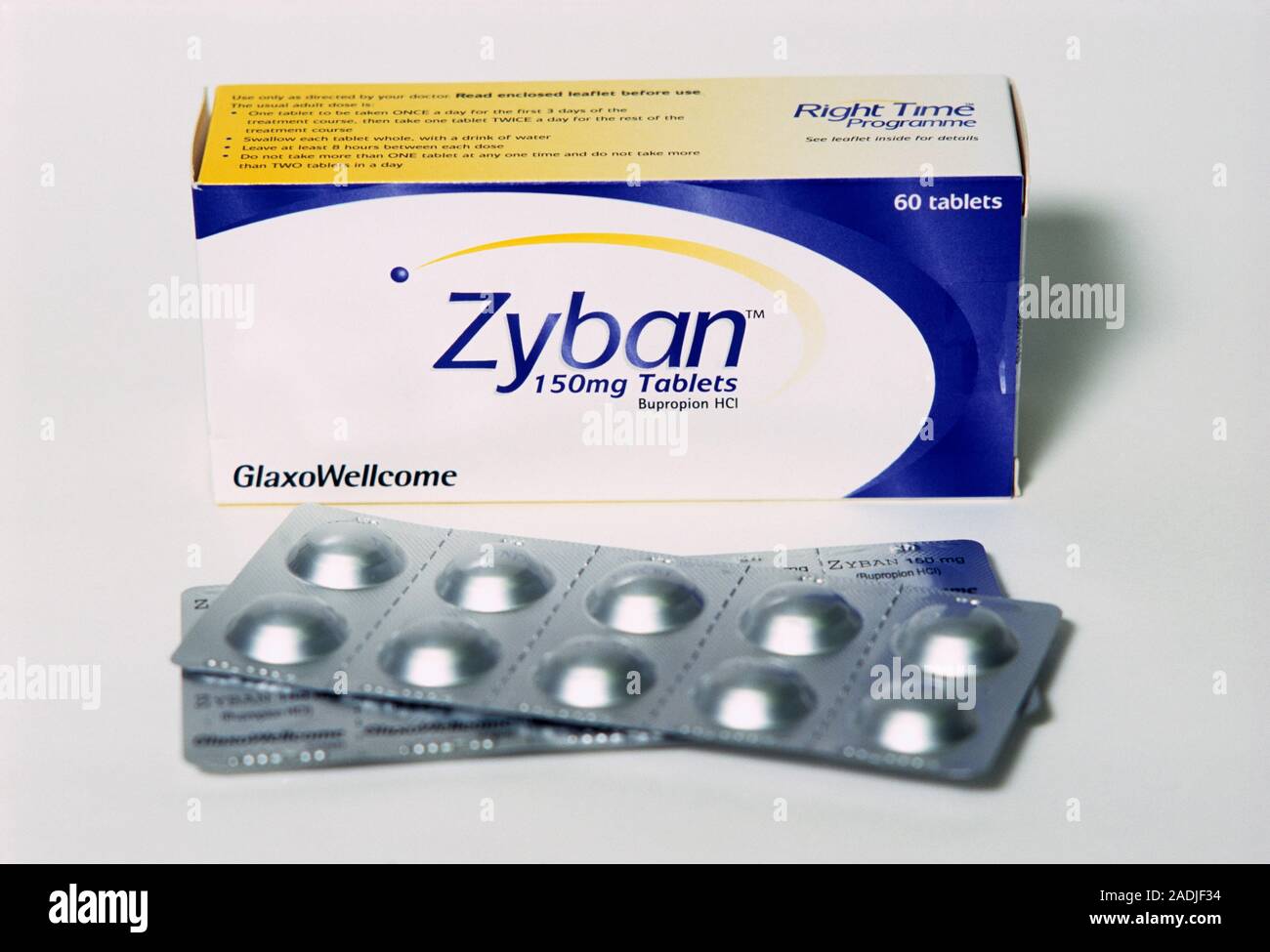 Anti-smoking pills. Box and blister packs of Zyban pills for use in stopping smoking. Each pill ...