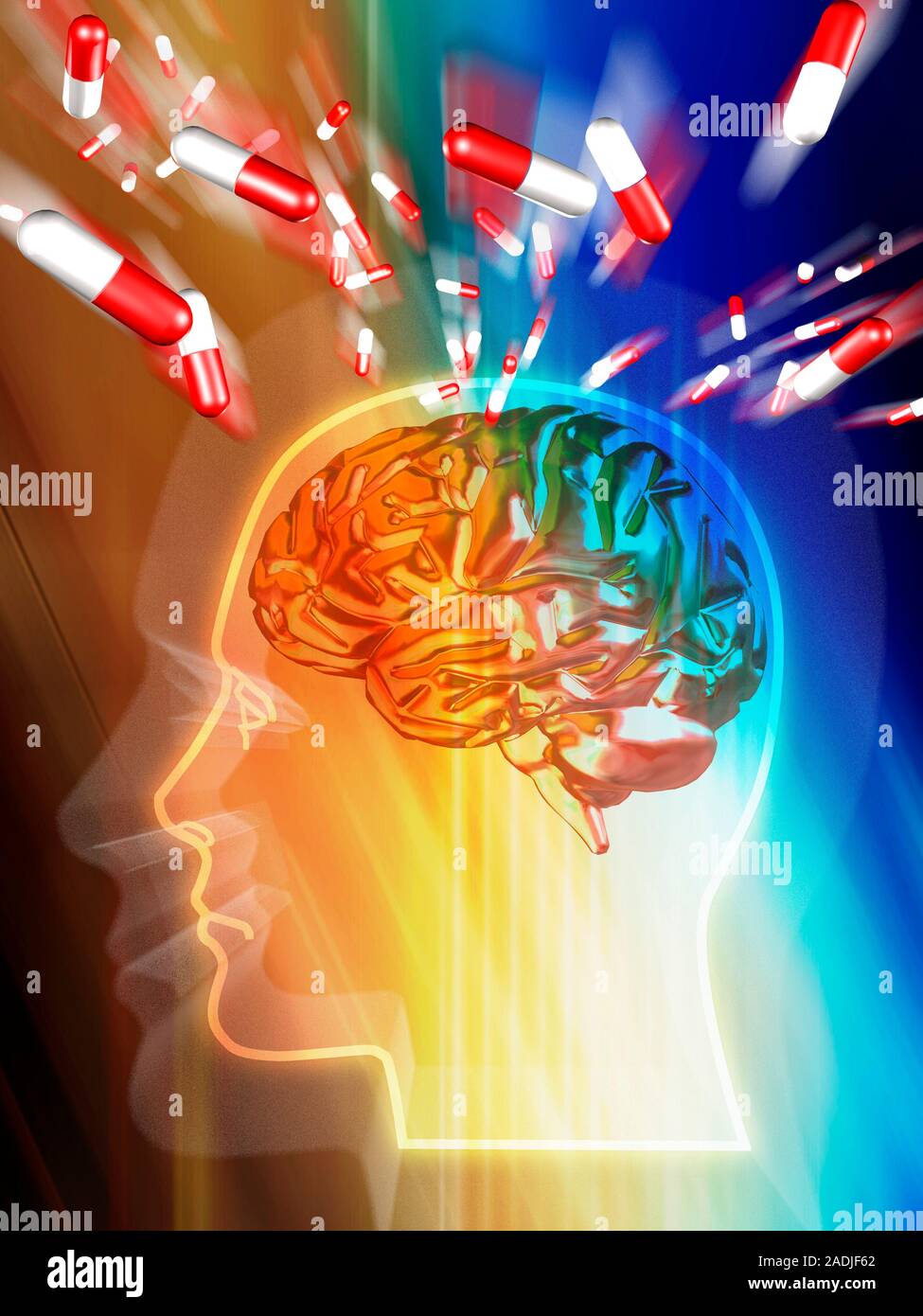 Brain drug. Conceptual computer artwork of a human head, showing the ...