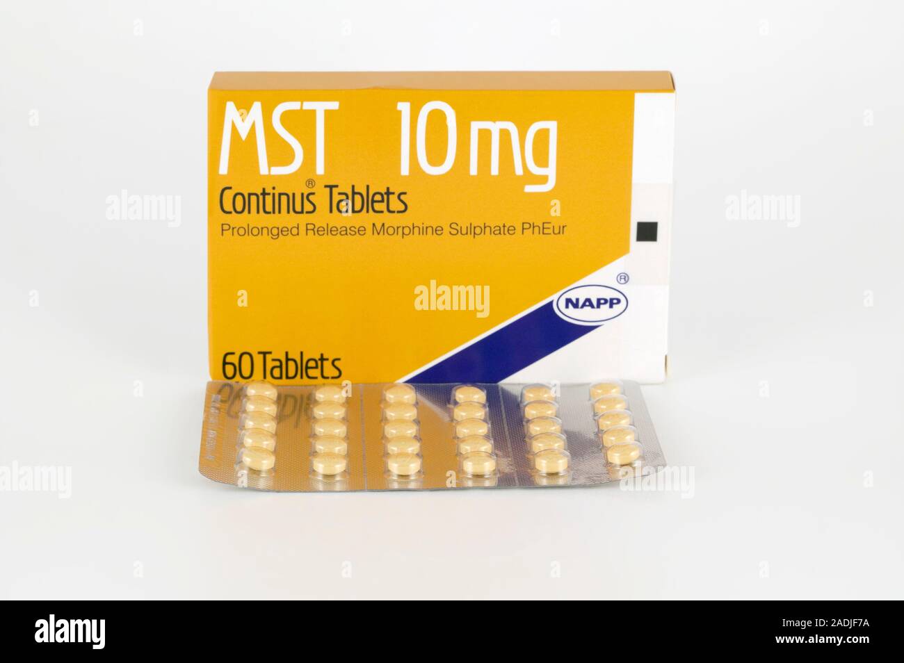 Morphine. Packet of 10mg tablets of slow release morphine sulphate (MST ...