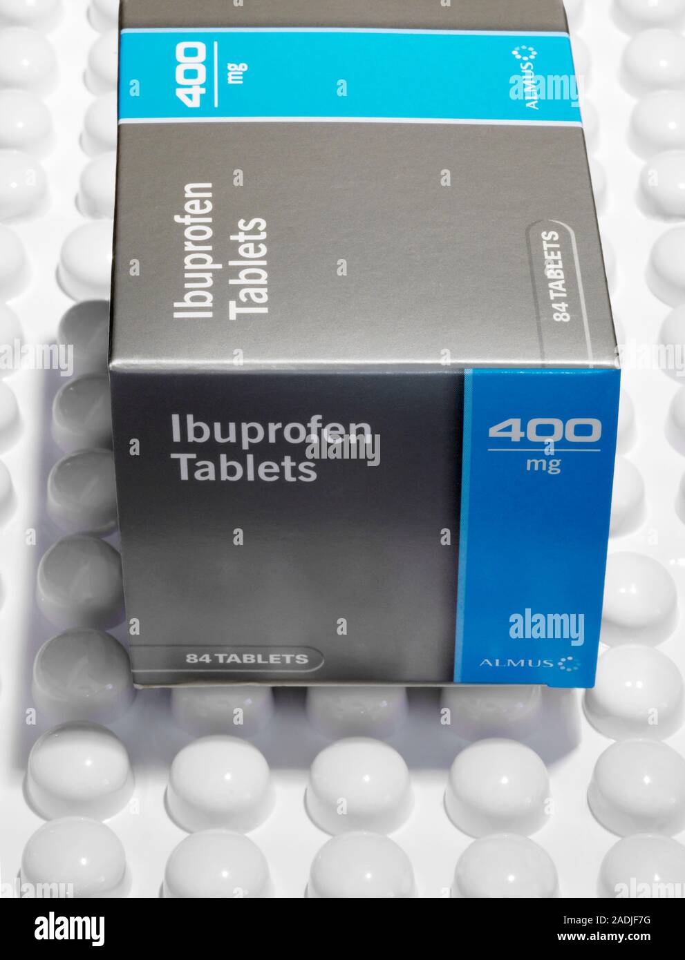 Ibuprofen painkilling drug, box and blister pack of tablets. Ibuprofen ...