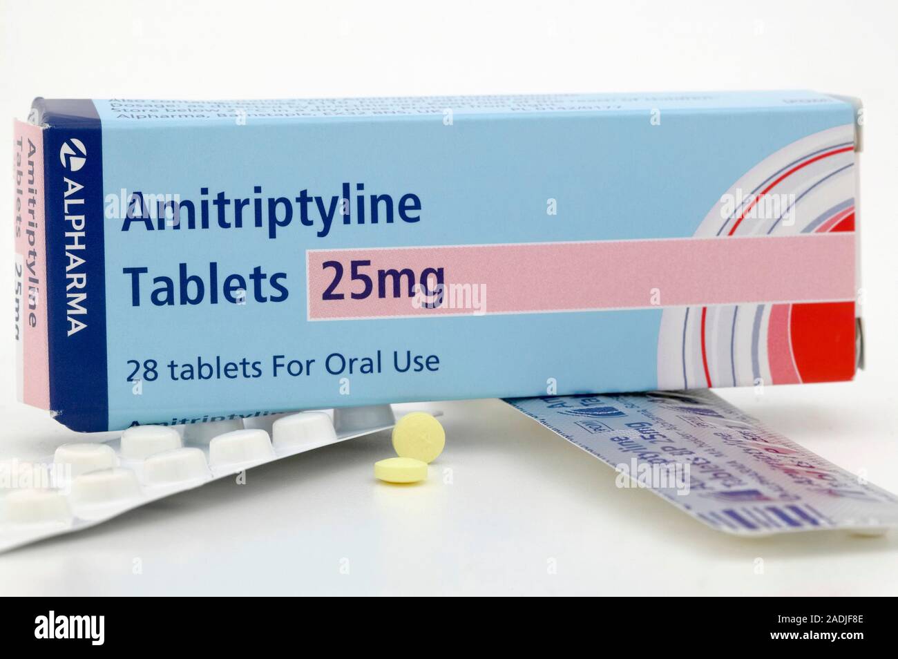 Amitriptyline antidepressant tablets and their packaging. Amitriptyline belongs to the tricyclic ...