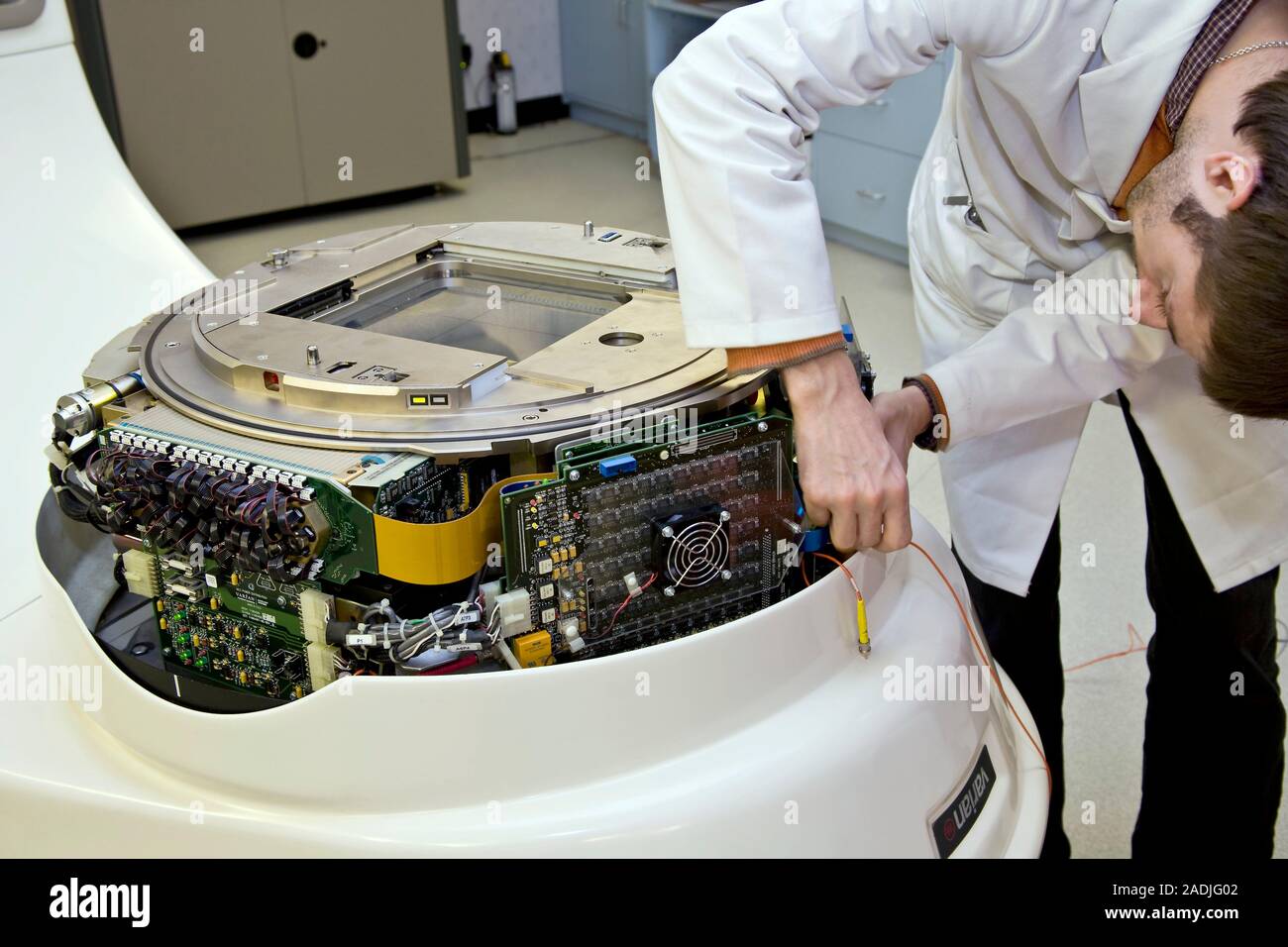 Linear accelerator. Oncology physics technician servicing a Varian ...