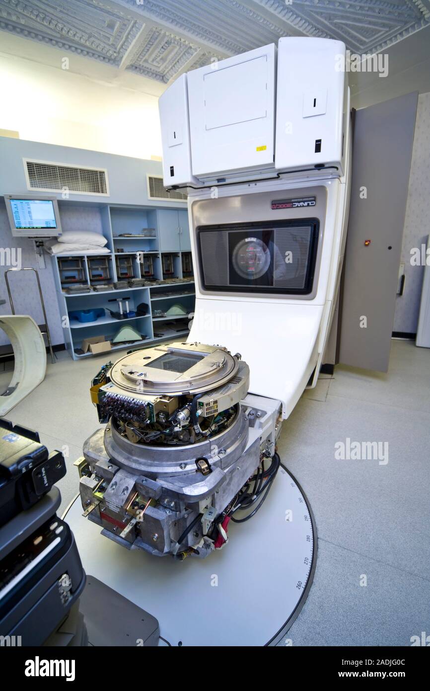 Linear accelerator. Varian linear accelerator upside down, with lead ...