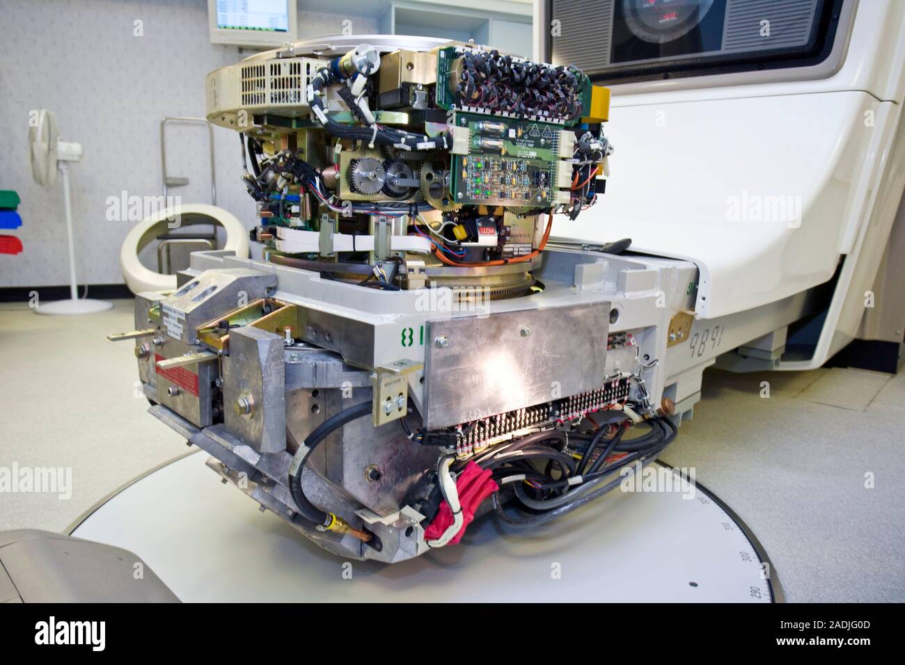 Linear accelerator. Varian linear accelerator upside down, with lead ...