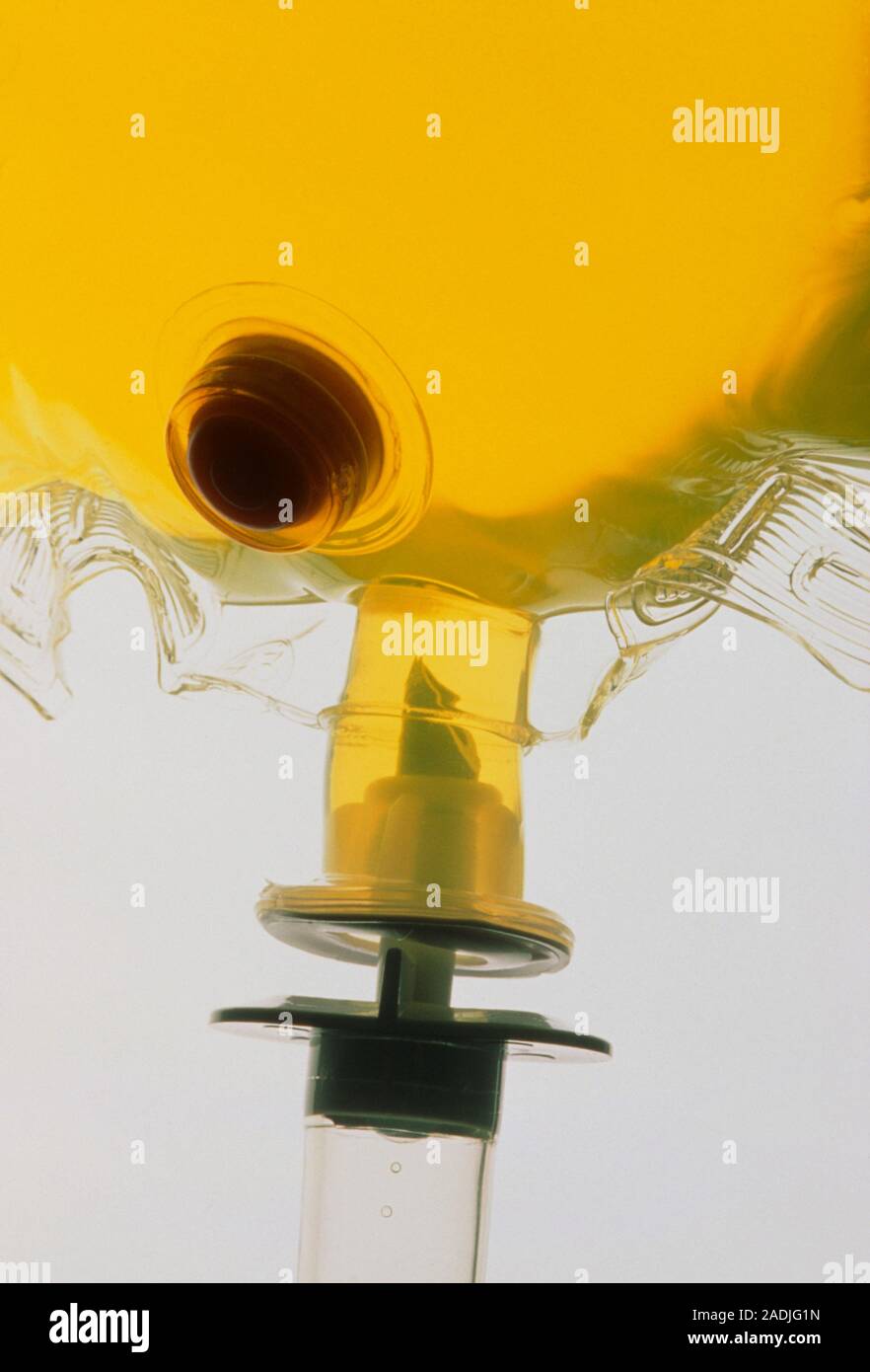 Intravenous potassium. Close-up of a bag of potassium solution used for ...