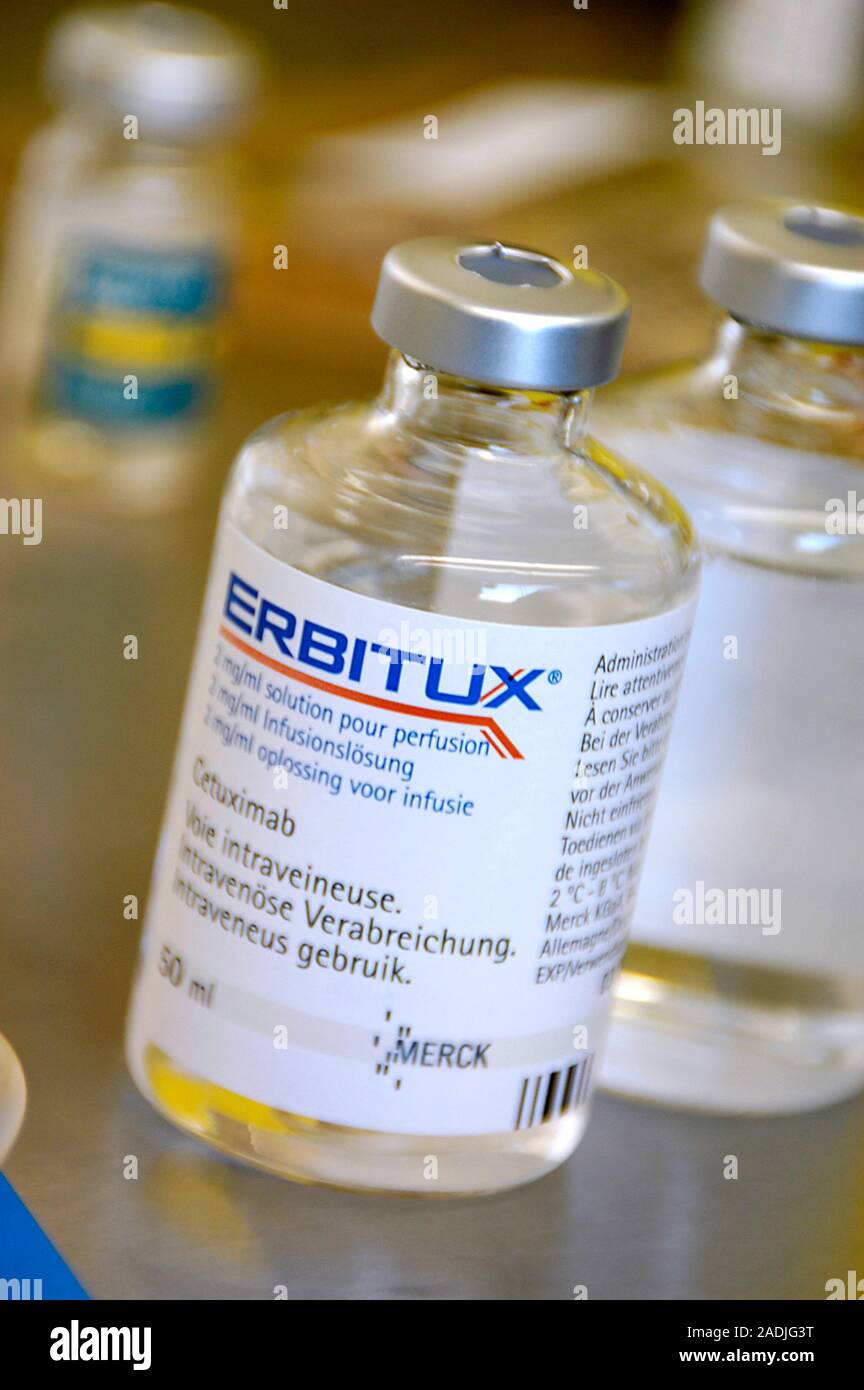 Cancer drug. Vial containing the cancer drug Erbitux. Also known as ...