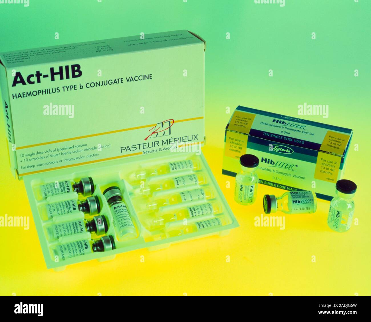 Haemophilus b vaccine. Boxes and ampules of vaccine which immunise ...