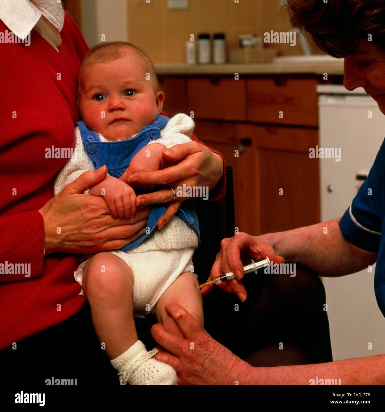 Baby injection. Nurse injecting a vaccine into the leg of a 3 to 6 ...